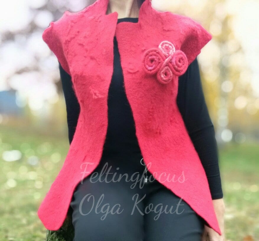 Red Women's Vest, Felted Vest, Waistcoat and Brooch, Waistcoat on Waist ...