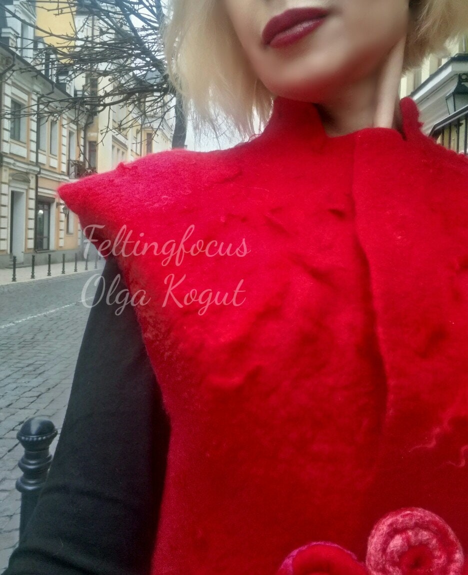 Red Women's Vest, Felted Vest, Waistcoat and Brooch, Waistcoat on Waist ...