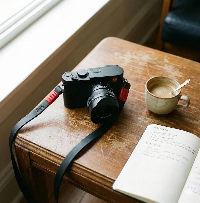Leather Camera Strap Black With Red Stitching, Handmade for Leica ...