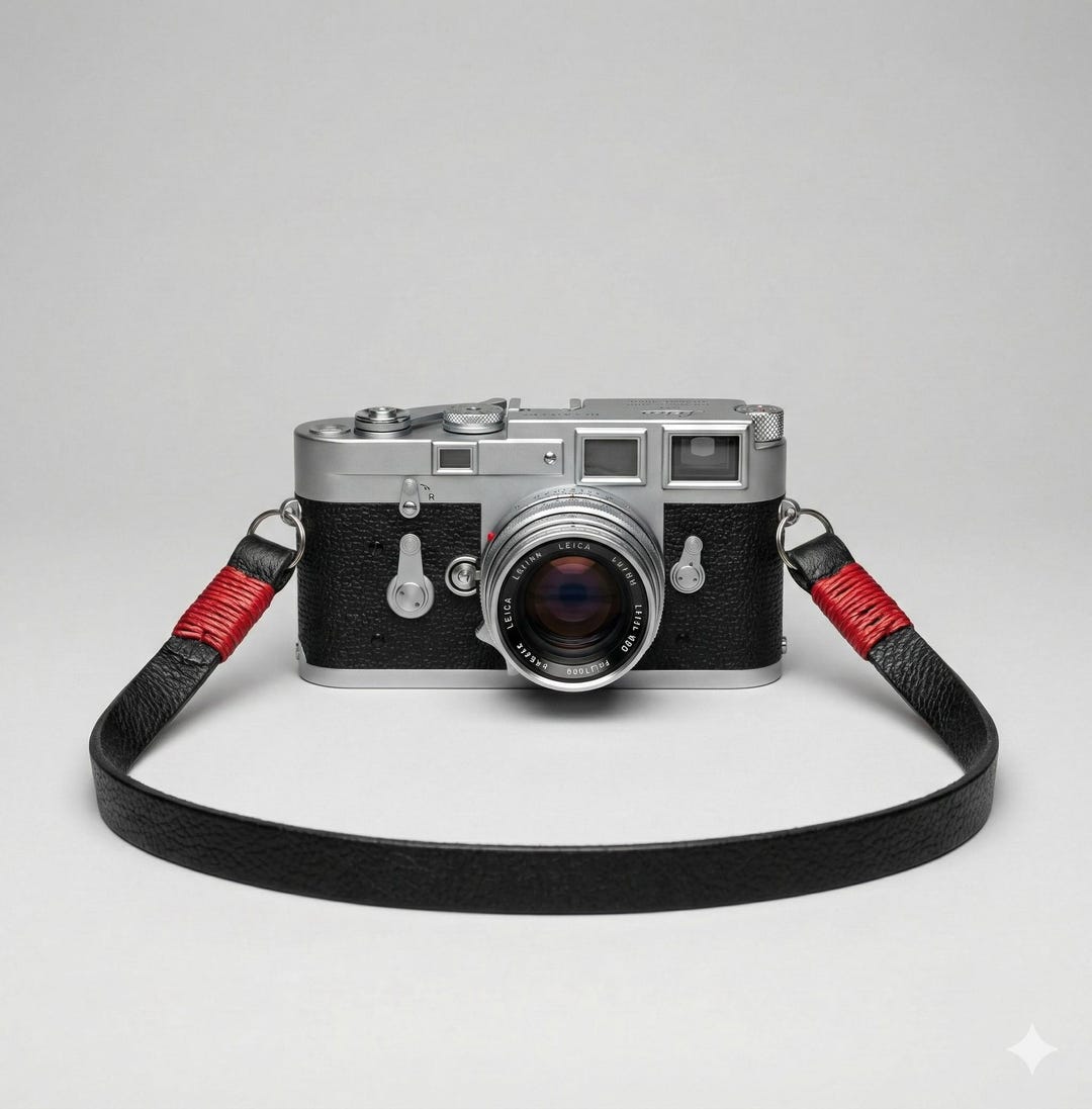 Leather Camera Strap Black With Red Stitching, Handmade for Leica ...