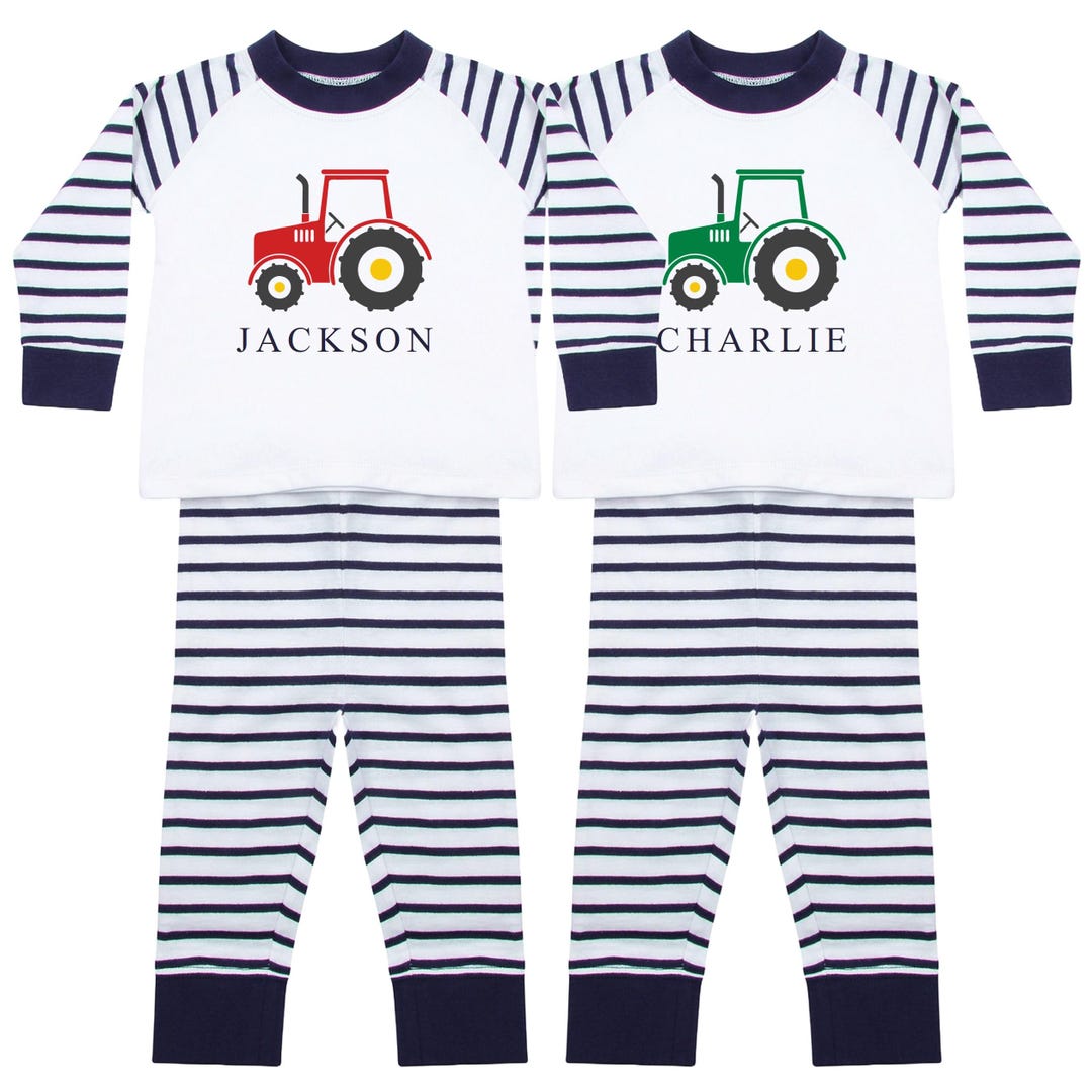 Personalised Name Boys Striped Pyjamas Custom Text Farm Tractor Baby ...