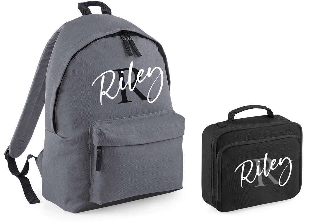 Personalised Letter Name Backpack & Lunch Bag Set (grey/black) School ...
