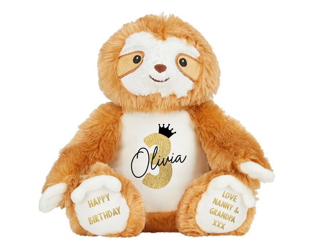 Personalised Birthday Gift Name & Age Brown Sloth Plush Teddy Cuddly ...