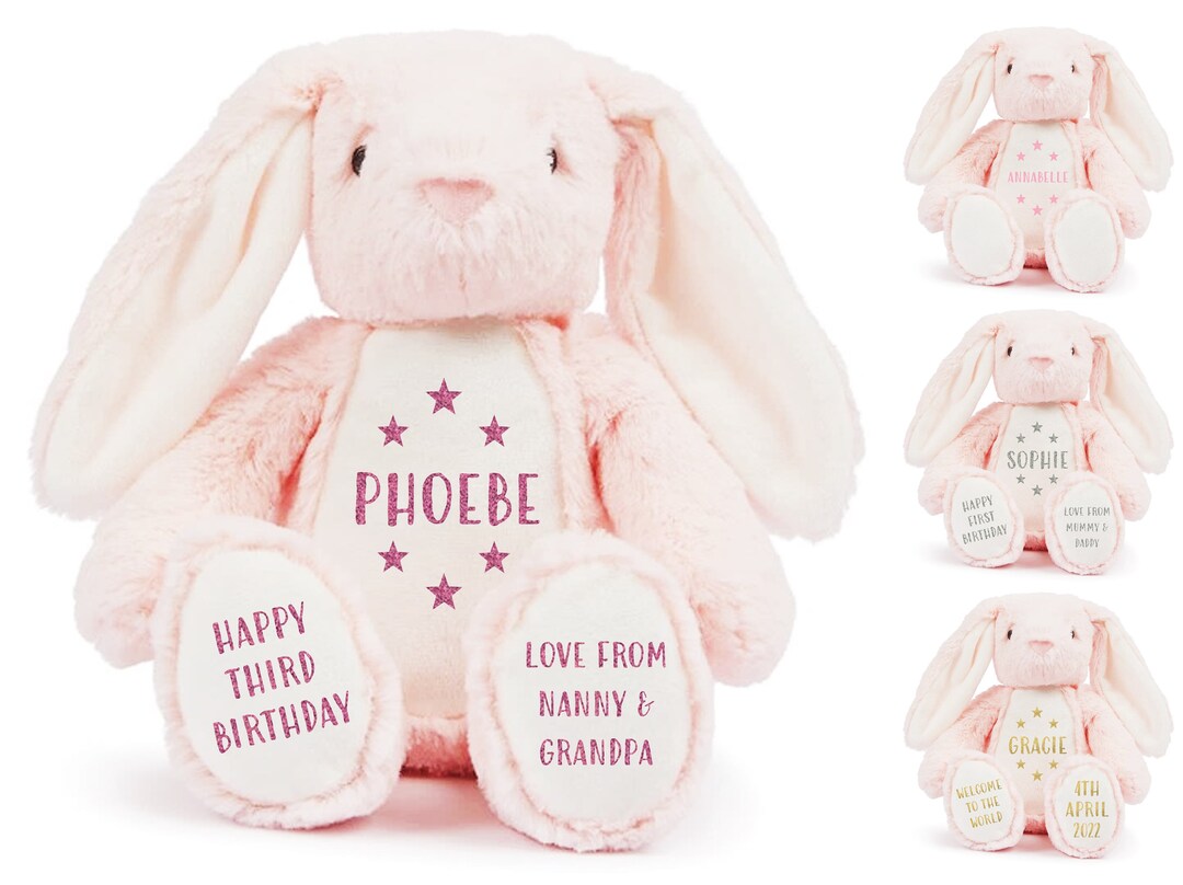 Personalised Pink Bunny Rabbit Plush Cuddly Toy - Printed Name, Date of ...