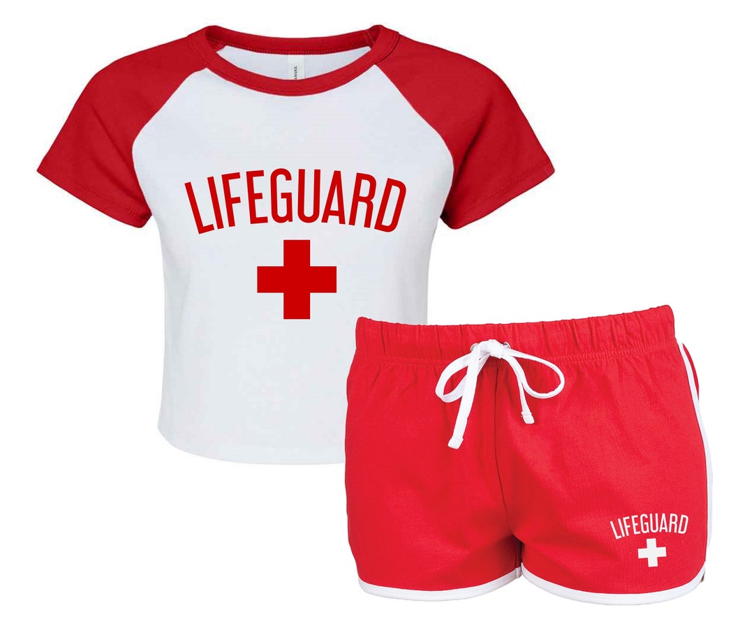 LIFEGUARD Ladies Cropped T-shirt & Shorts Fancy Dress Costume Holiday ...