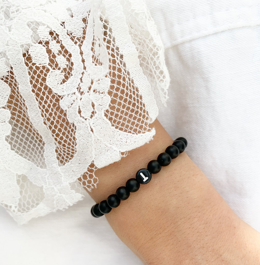 Initials Bracelet Jade Pearl Matt Black Personalized, Gift for Women ...