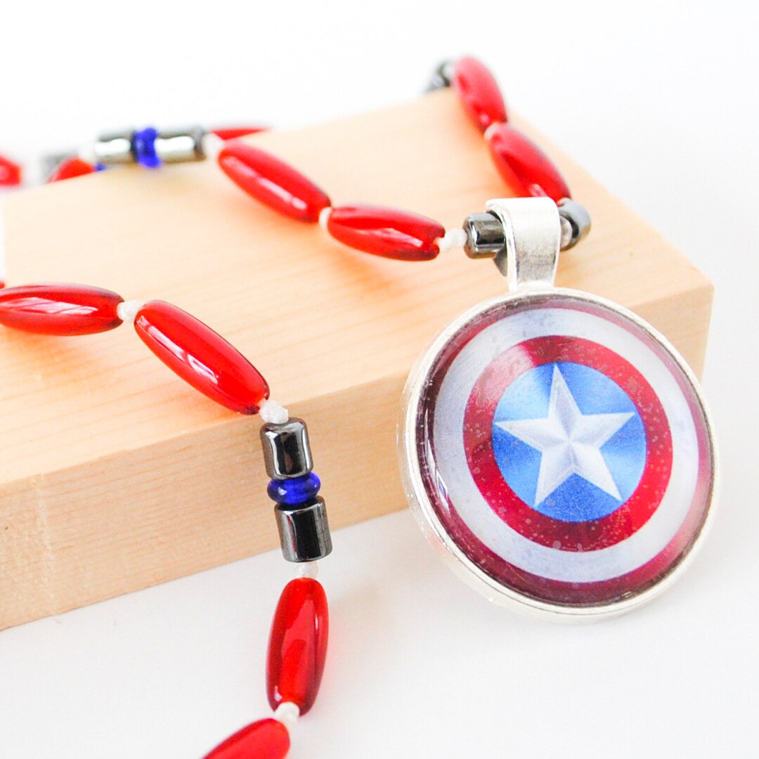 Captain America, Necklace, Hand-knotted Glass Jewelry, Cabochon ...