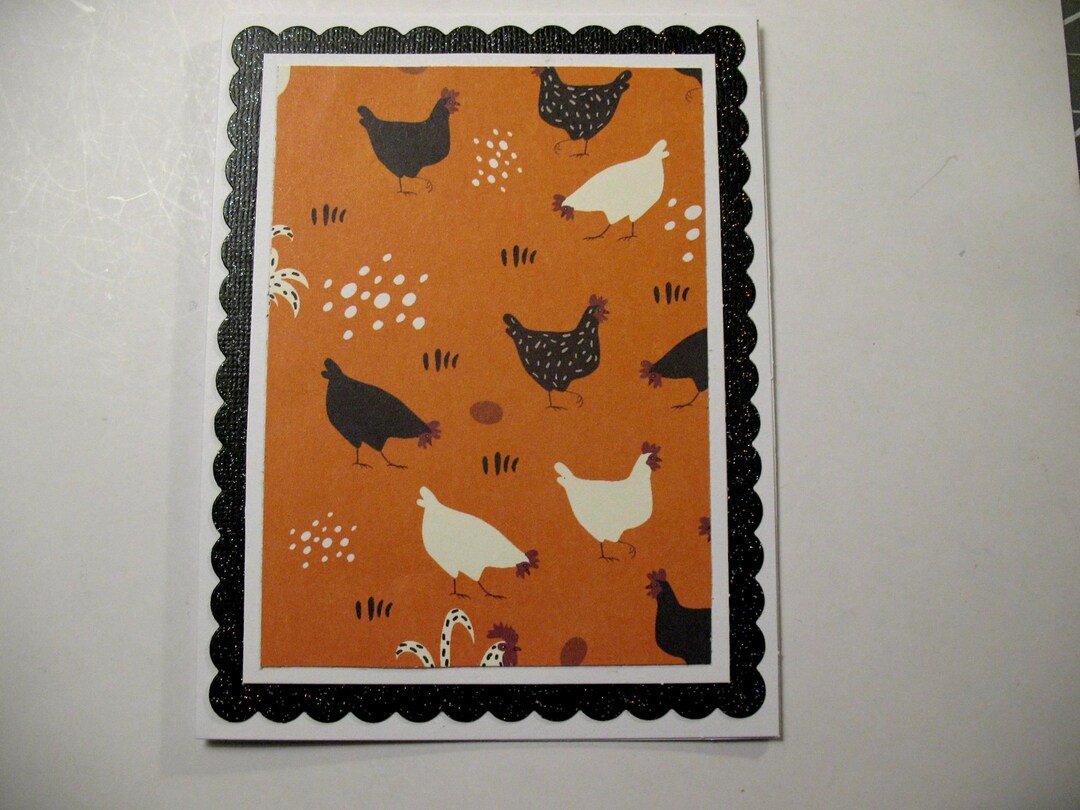 Handmade Black and White Chicken Note Card, Orange Background - Etsy