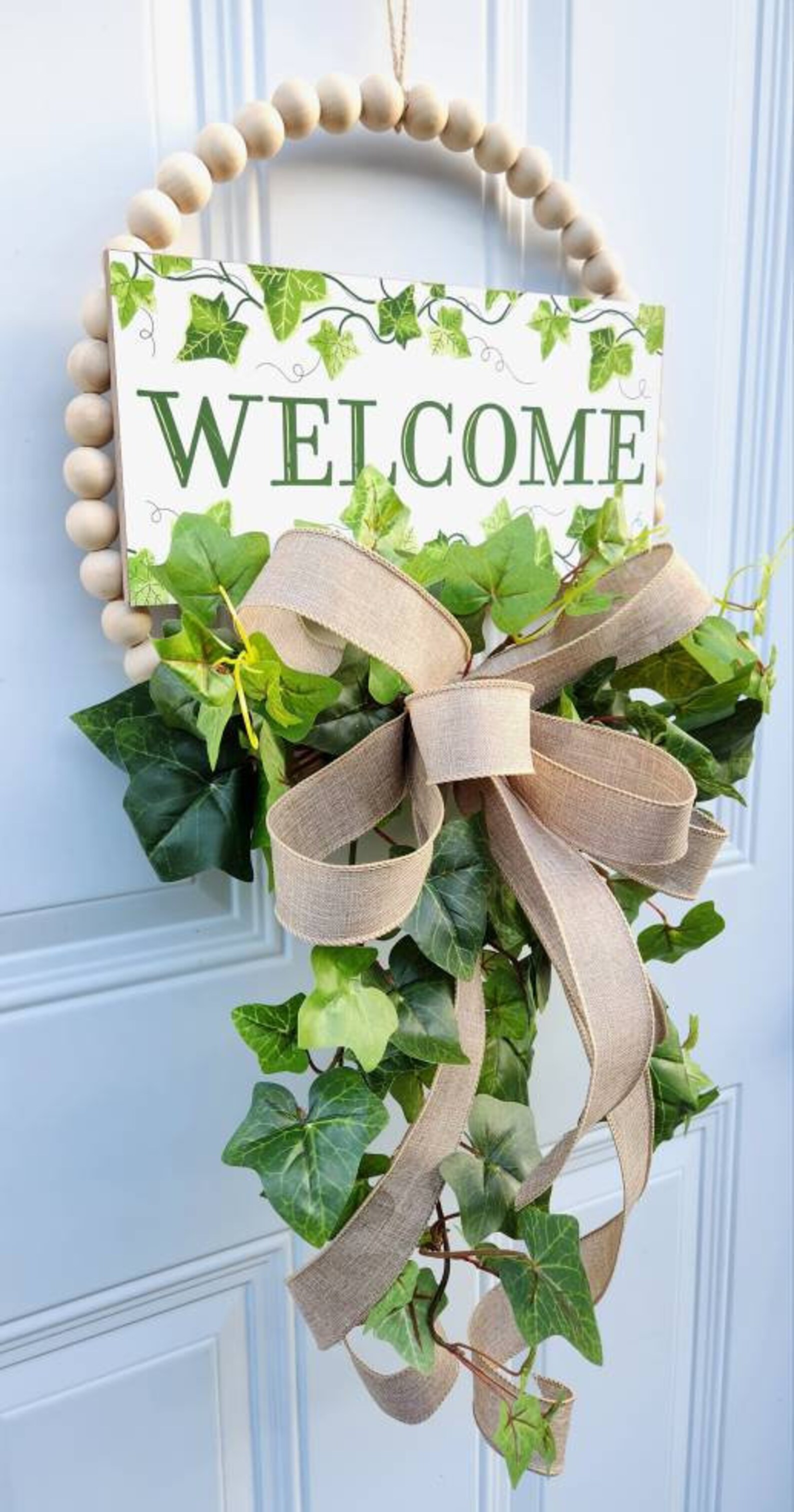 Ivy Greenery Wreath, Simple Welcome Porch Decor, Farmhouse Wood Bead ...