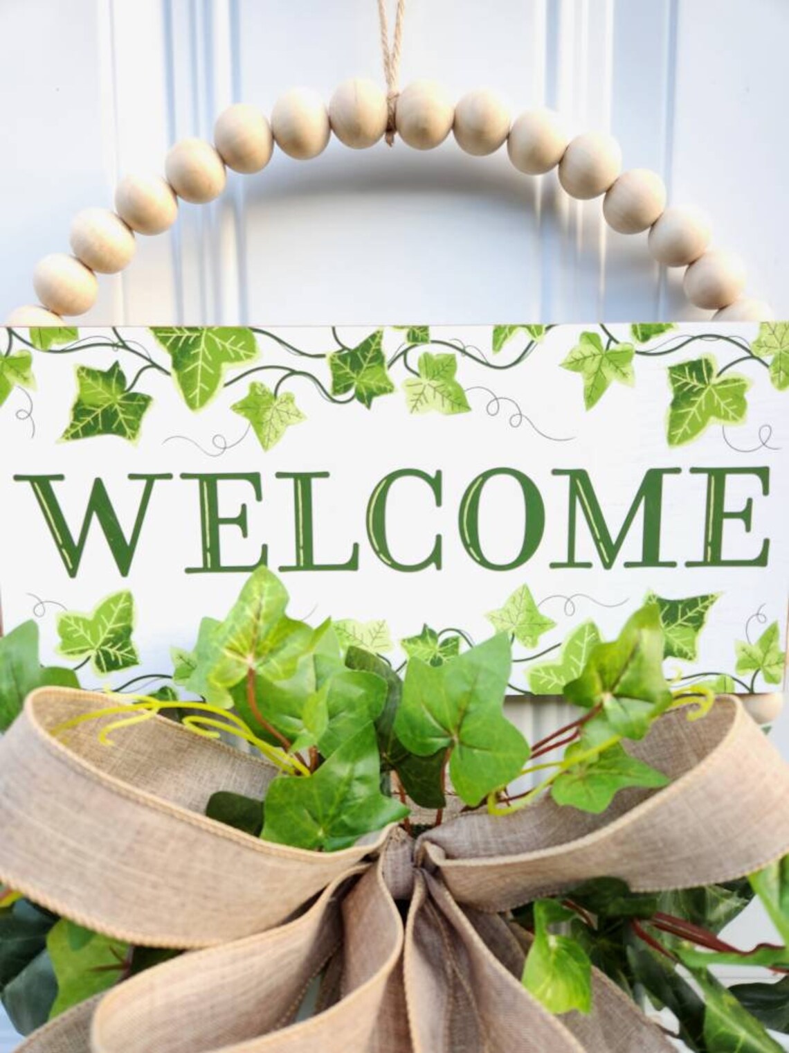 Ivy Greenery Wreath, Simple Welcome Porch Decor, Farmhouse Wood Bead ...