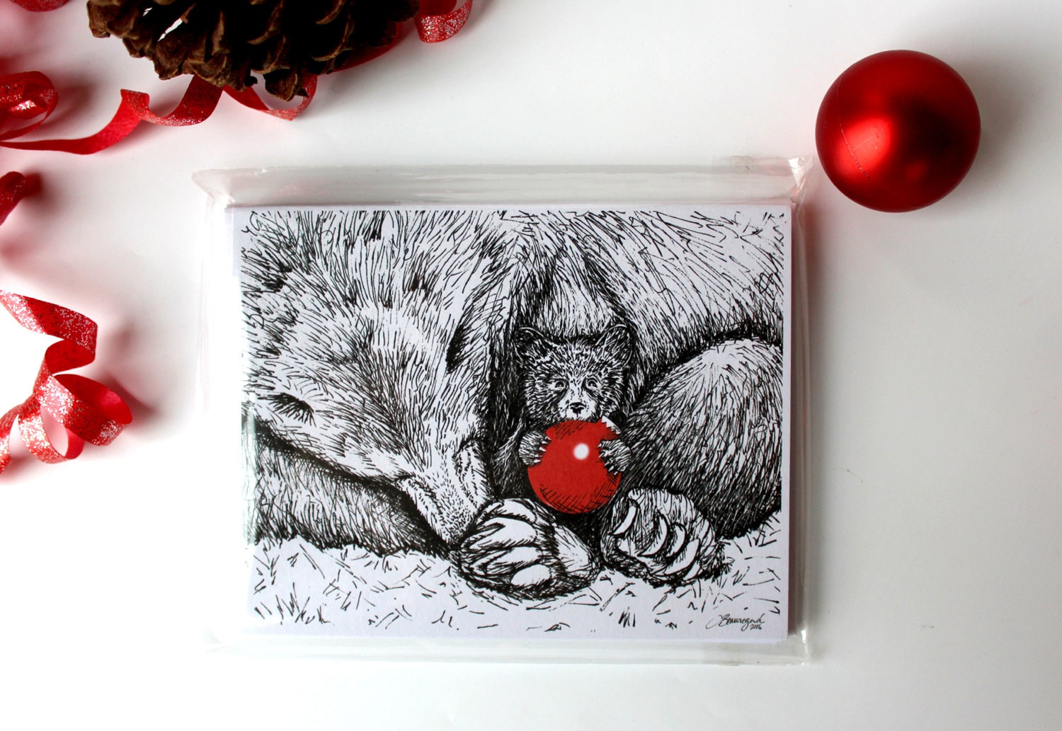 Christmas Cards | Pen and Ink | Animals With Red Ornament - Bears | A2 ...