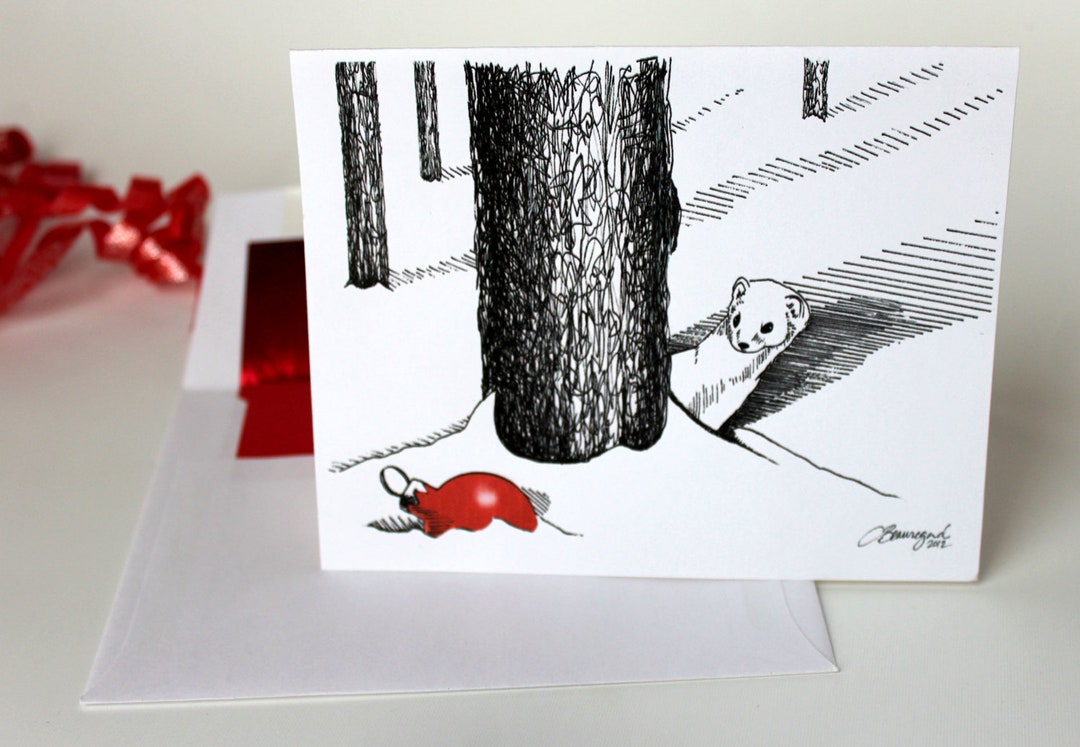 Christmas Cards | Pen and Ink | Animals With Red Ornament - Ermine | A2 ...