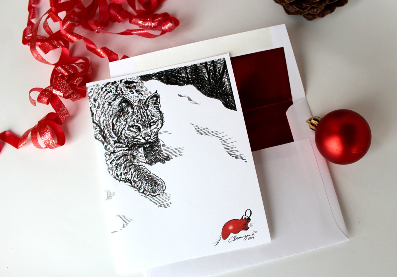 Christmas Cards | Pen and Ink | Animals With Red Ornament - Bobcat | A2 ...