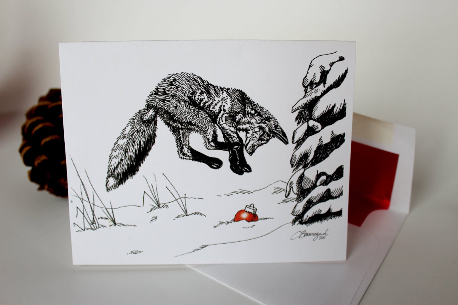 Christmas Cards | Pen and Ink | Animals With Red Ornament - Fox | A2 ...