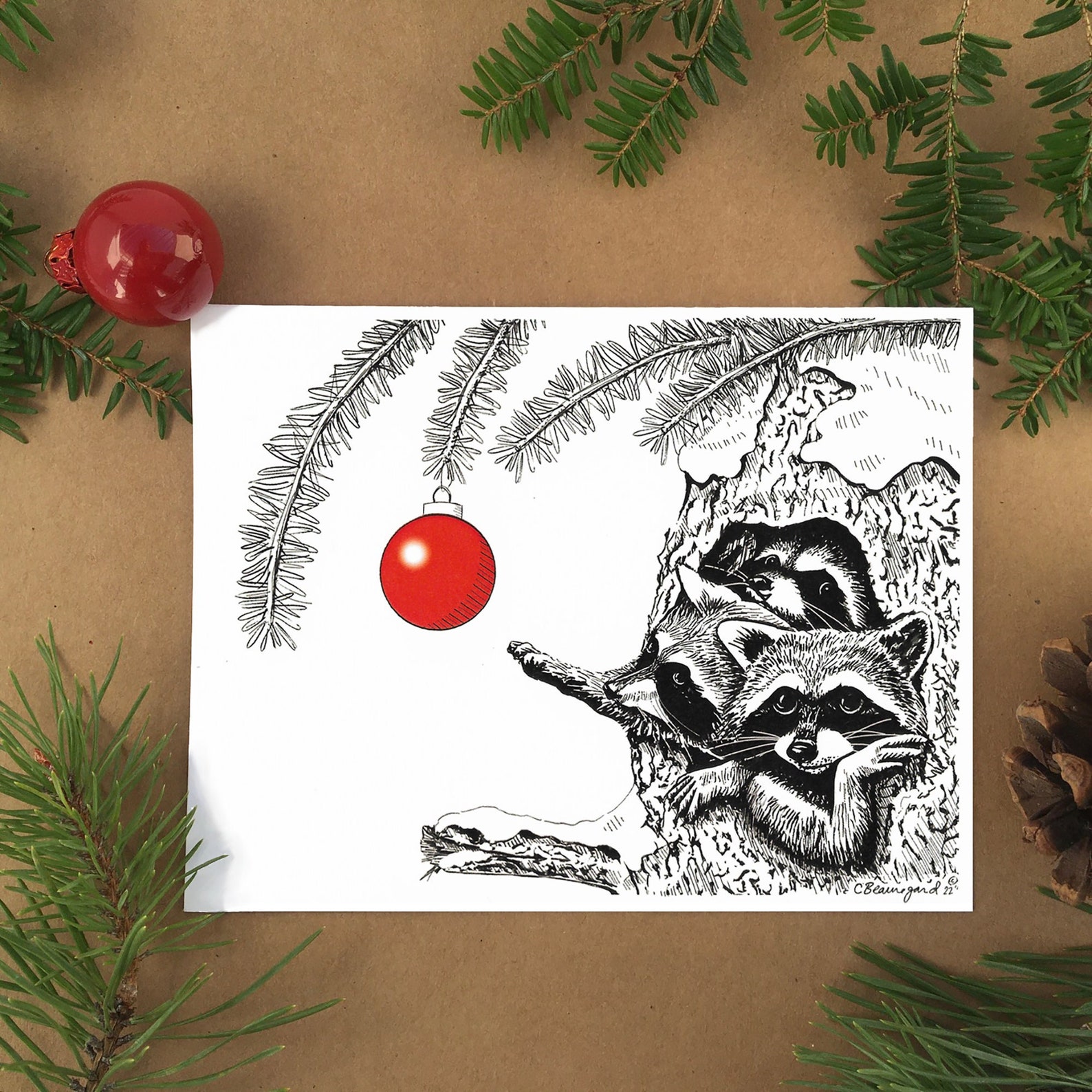 Christmas Cards | Pen and Ink | Animals With Red Ornament - Raccoons ...
