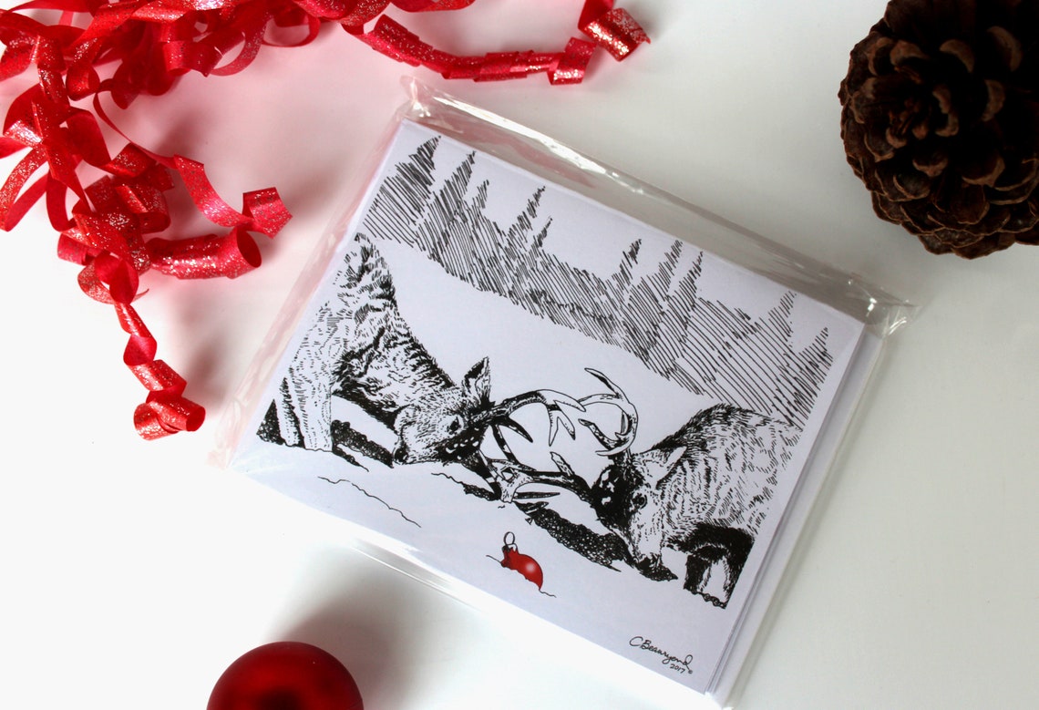 Christmas Cards | Pen and Ink | Animals With Red Ornament - Deer | A2 ...
