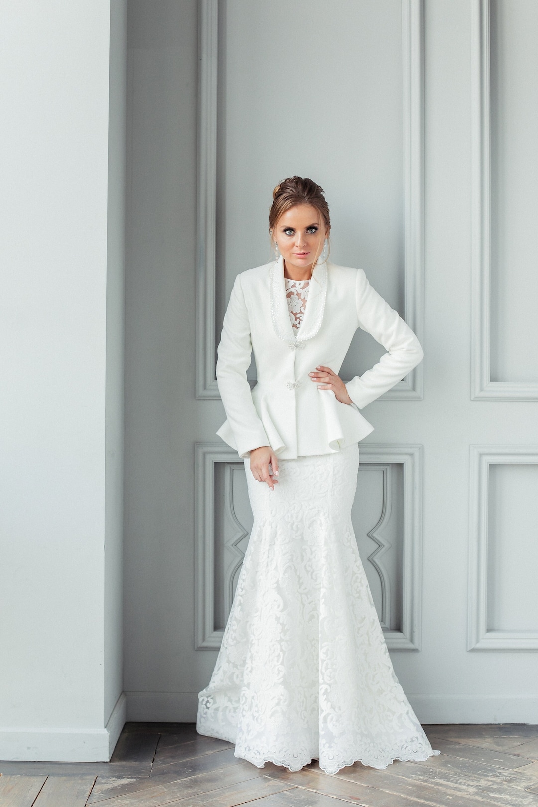 White Bridal Jacket: Winter Wedding Dress Peplum Coat for Bride - Etsy