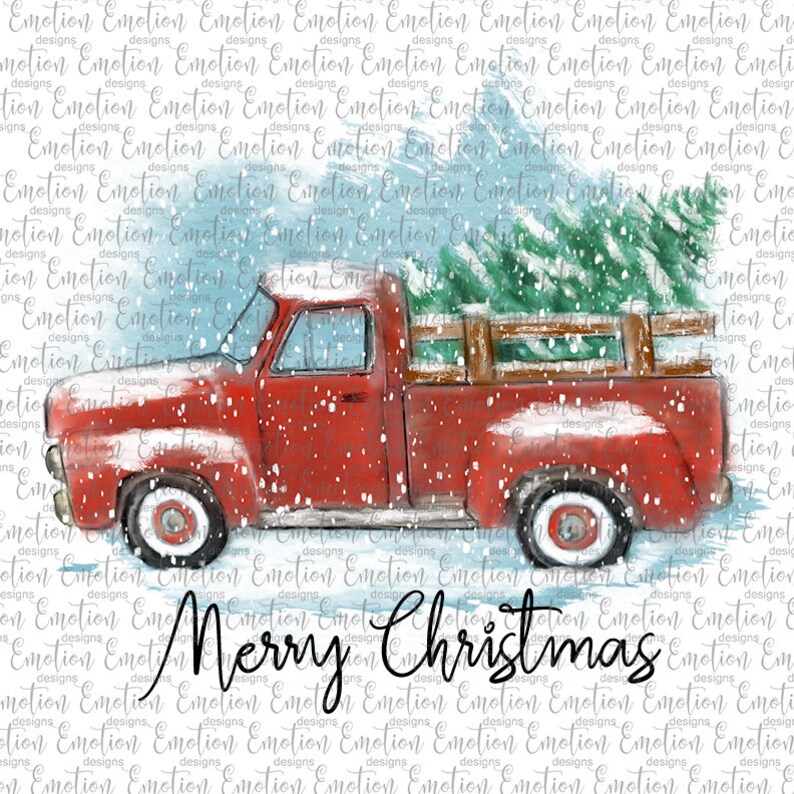 Hand Drawn Watercolor Red Truck Merry Christmas Printable Art, Instant ...