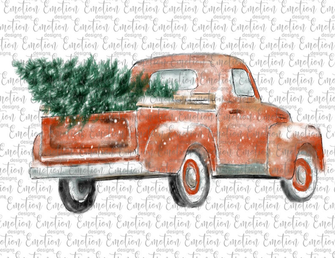 Red Truck With Christmas Tree Hand Drawn Clipart Instant - Etsy