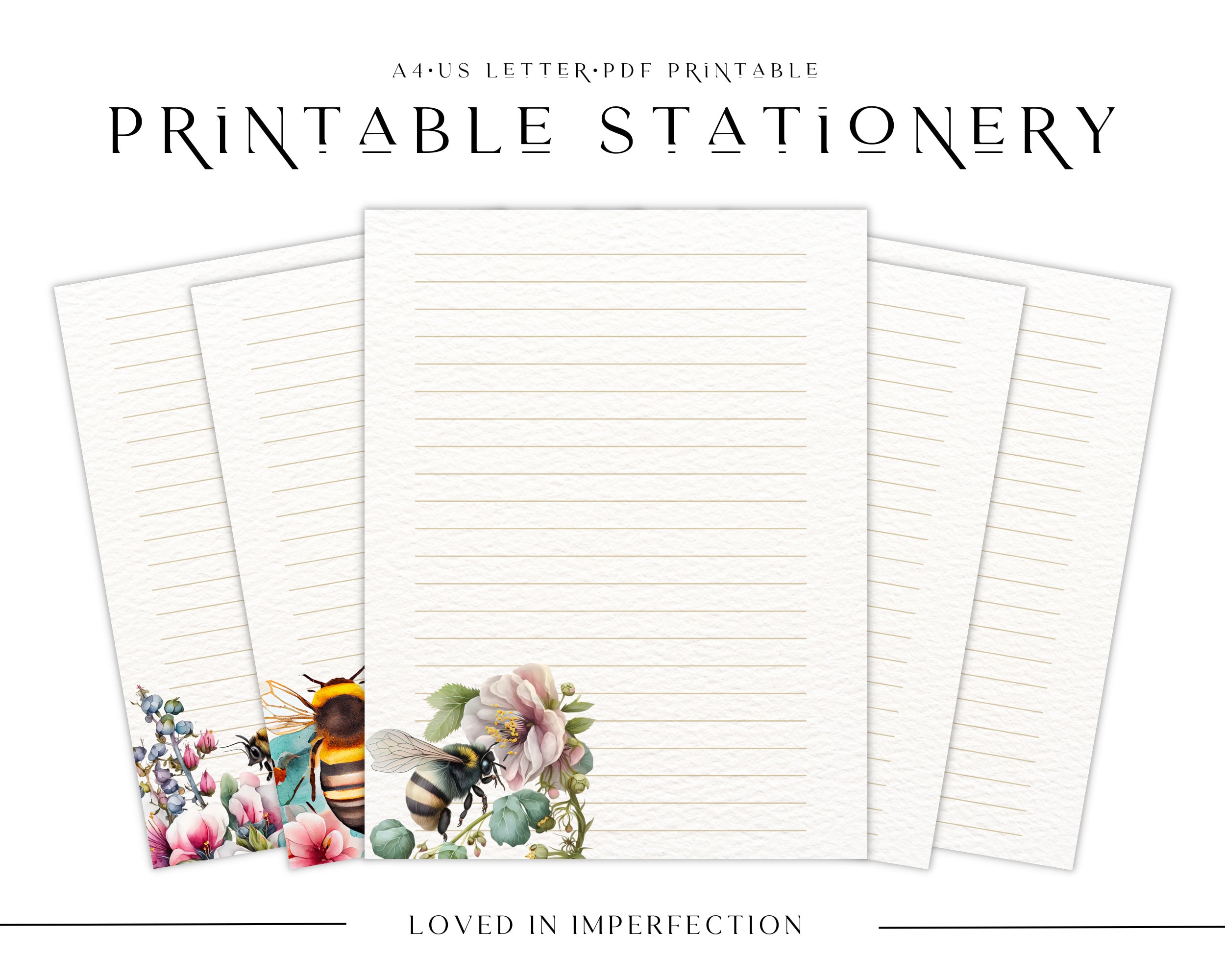 Floral Bee Printable Stationery, Printable Writing Paper, Printable ...