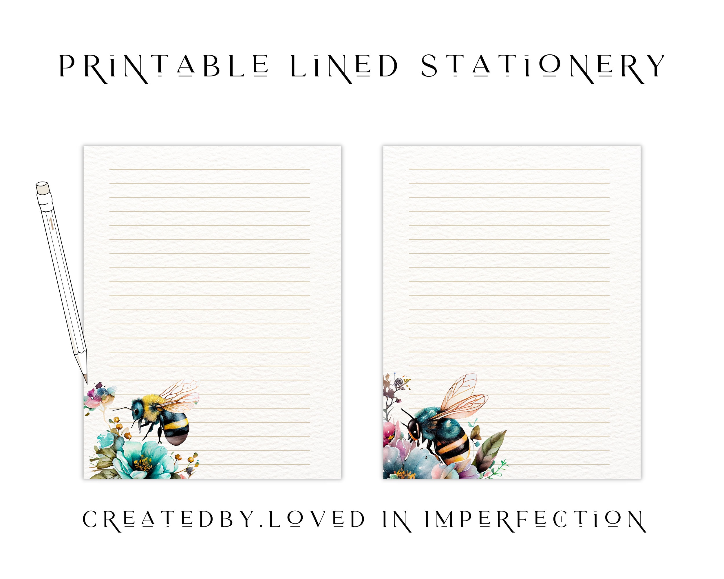 Floral Bee Printable Stationery, Printable Writing Paper, Printable ...