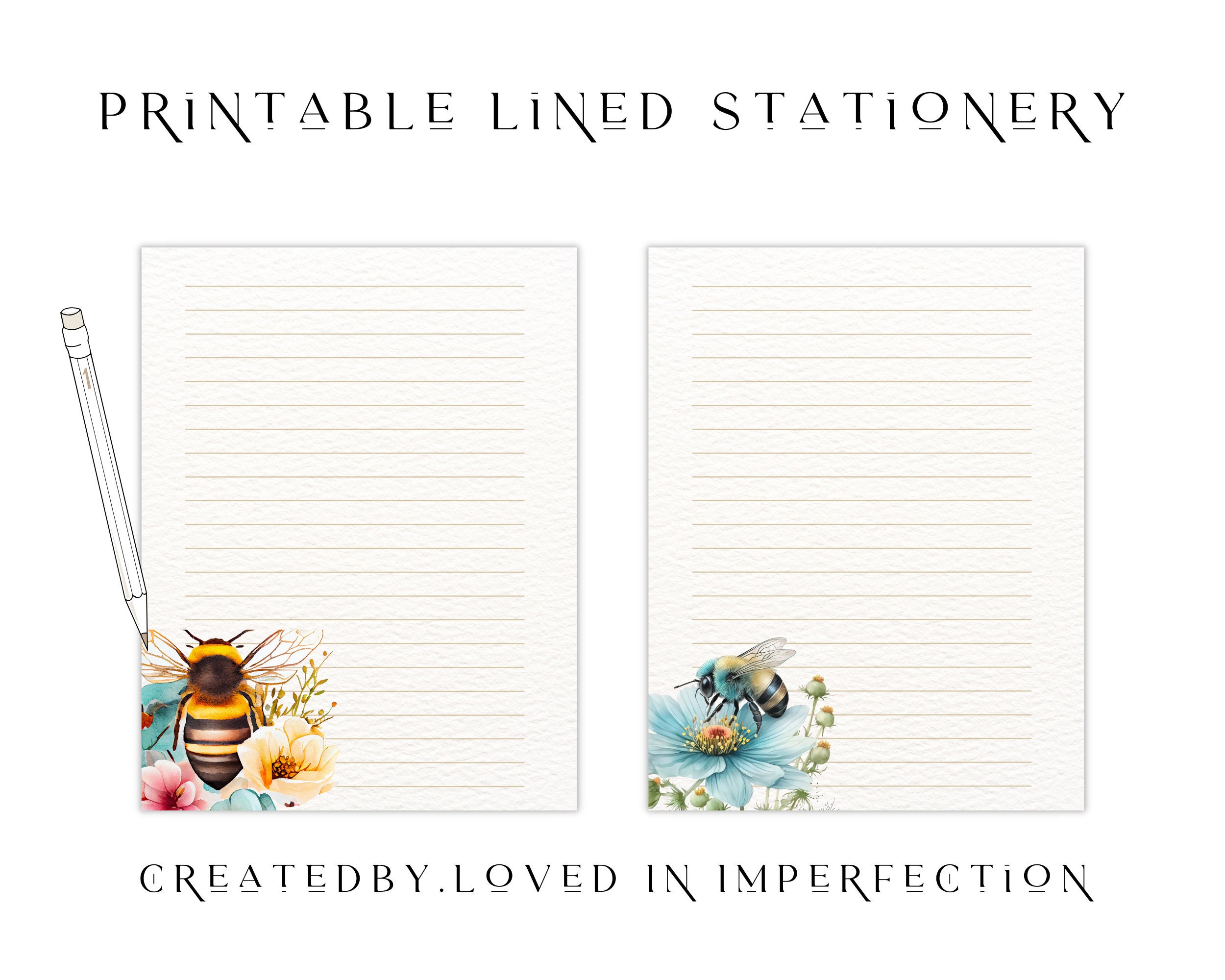 Floral Bee Printable Stationery, Printable Writing Paper, Printable ...