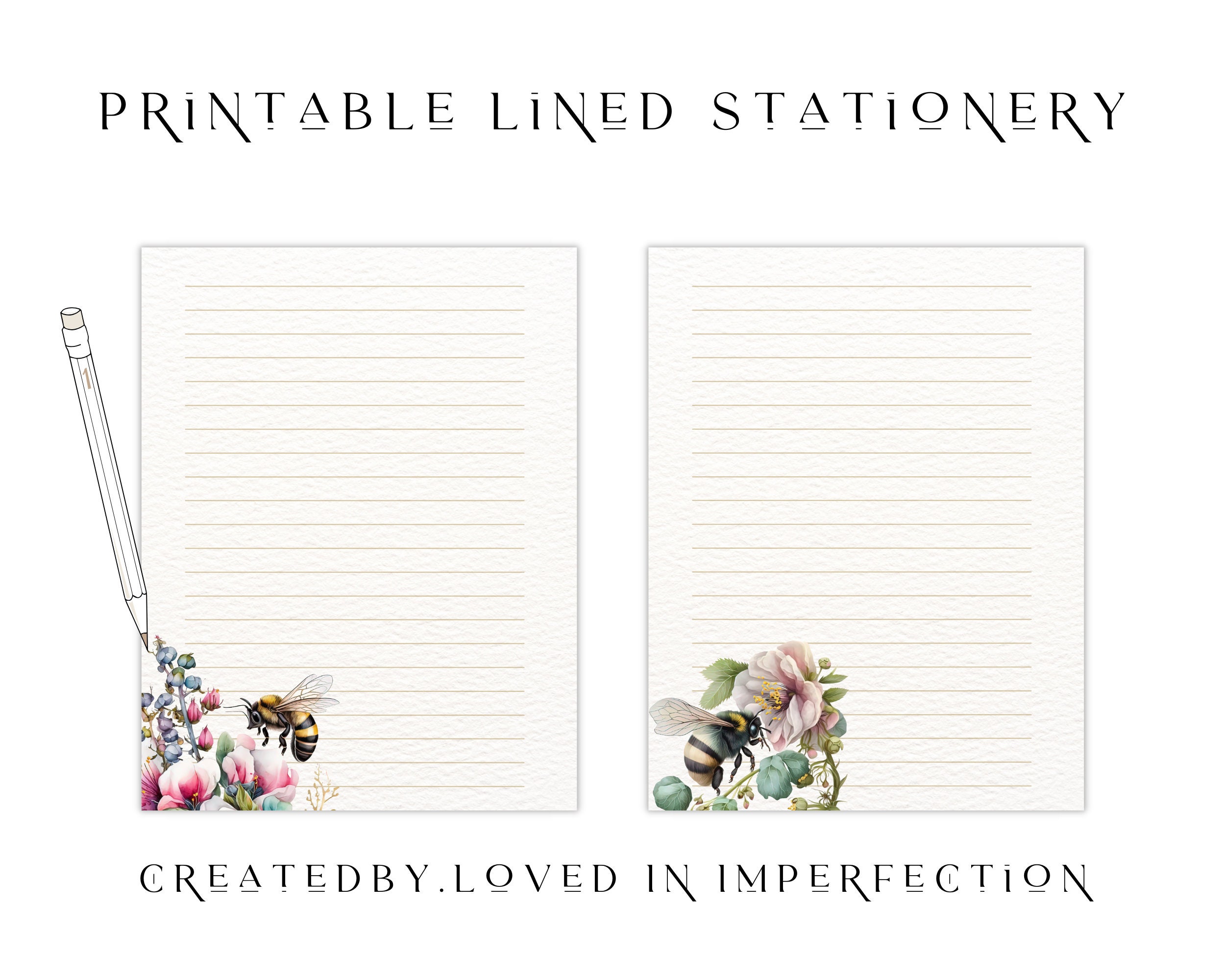 Floral Bee Printable Stationery, Printable Writing Paper, Printable ...