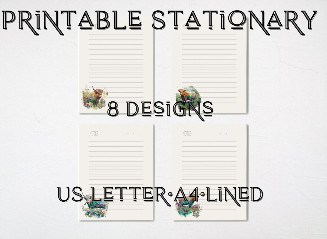 Watercolor Scottish Highland Cow Stationery, Printable Writing Paper ...