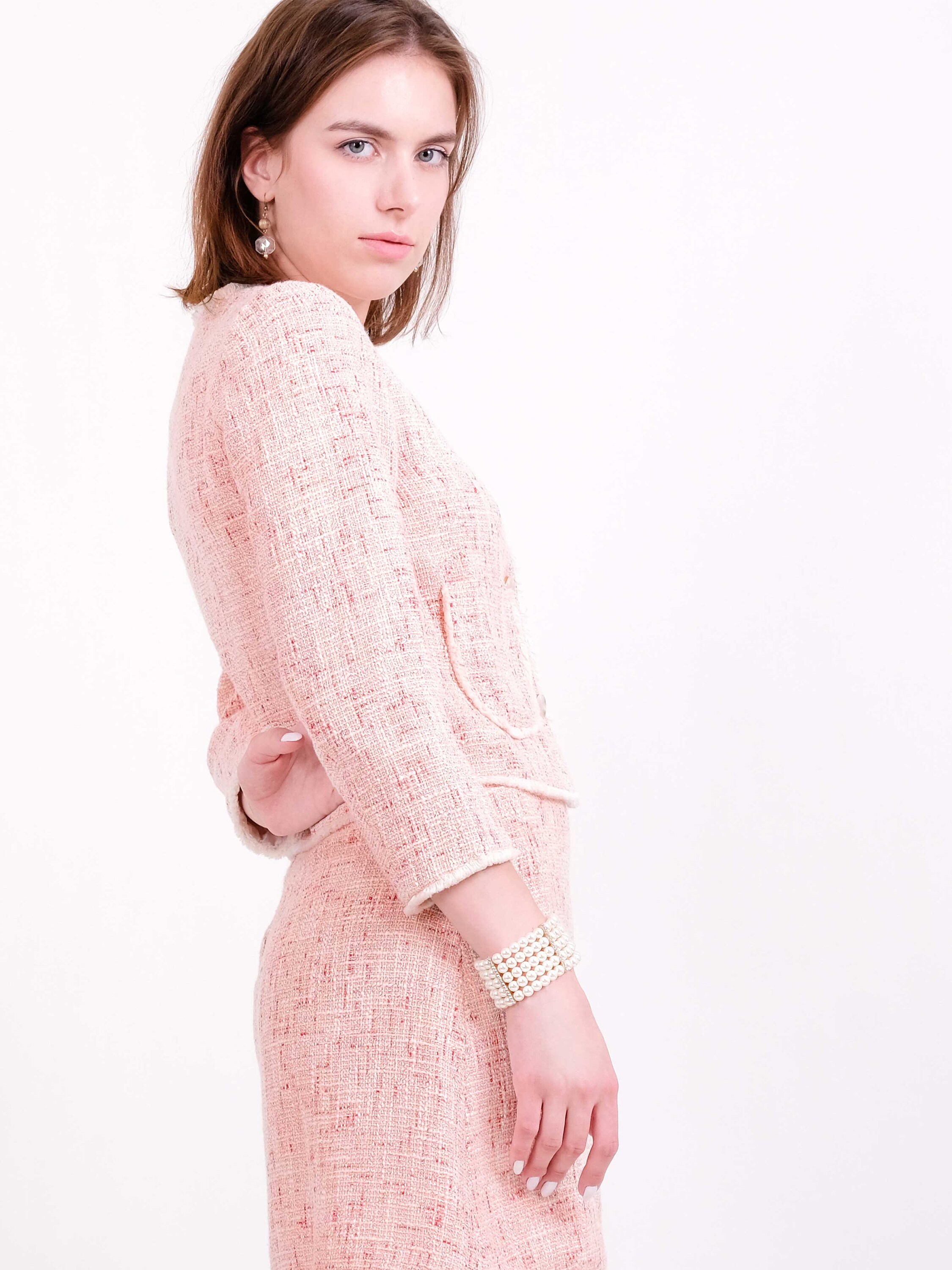 JACKET: Tweed Two-piece Suit Round Neck Fringe Trimmed Buttoned Cropped ...