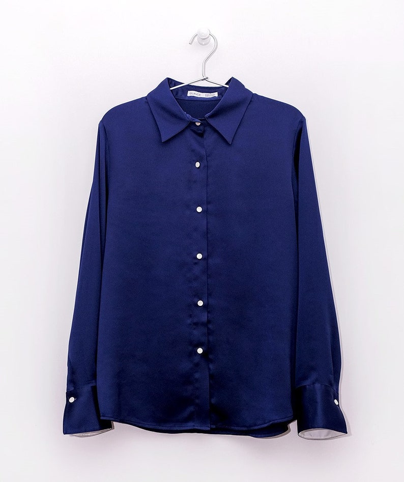 TOP: Navy Blue Satin Buttoned Shirt Collar Long Sleeve Chiffon Blouse ...