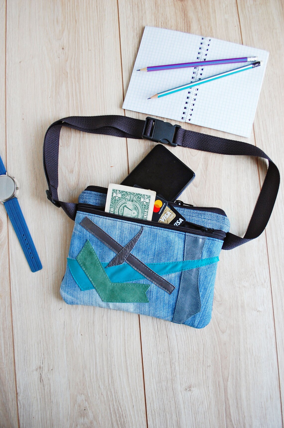 Blue Space Style Fanny Pack With Leather Decor Denim Waist | Etsy