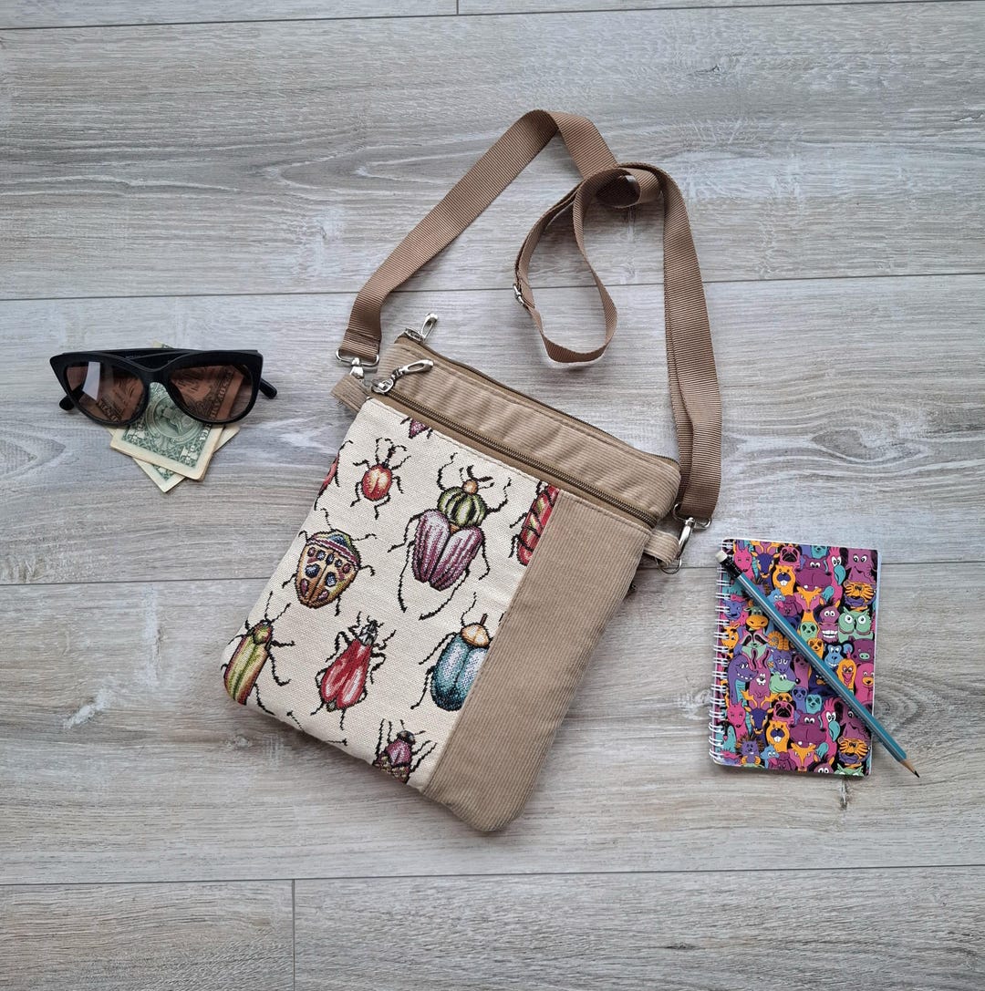 Beige Velvet Pocket Crossbody Purse, Scarab Beetle Travel Messenger Bag ...