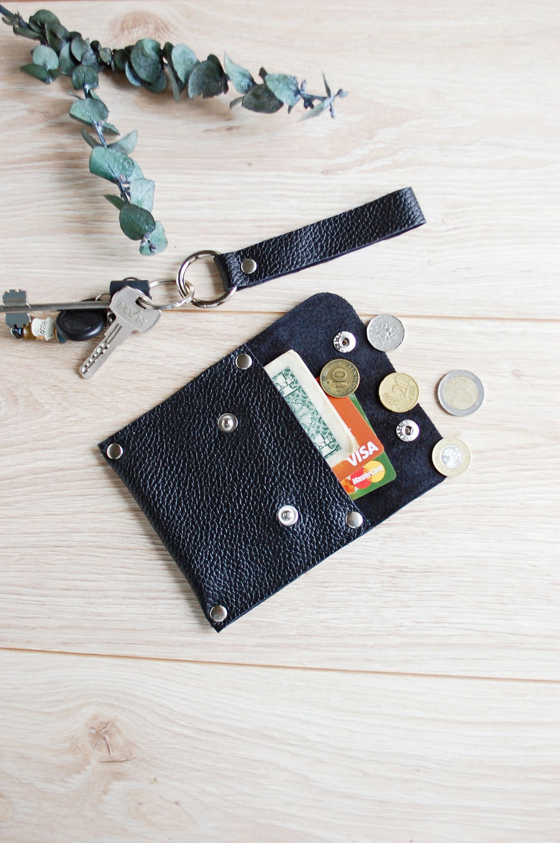 Black Leather Set of Coin Purse Card Holder and Keychain Key - Etsy