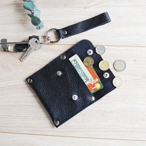 Black Leather Set of Coin Purse Card Holder and Keychain Key Fob for ...