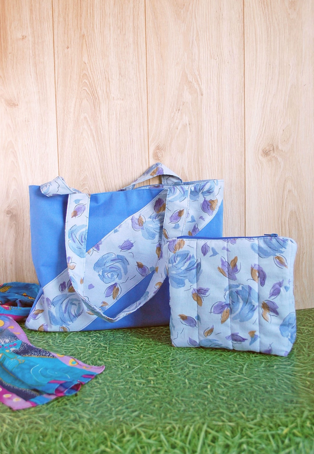Blue Floral Foldable Fabric Matching Bags for Women: Tote Shopper and ...
