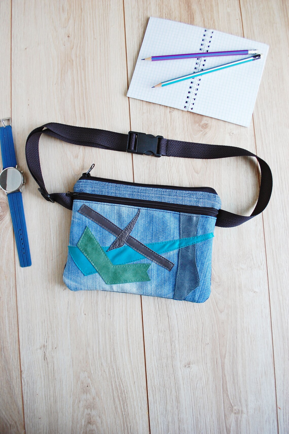 Blue Space Style Fanny Pack With Leather Decor Denim Waist | Etsy