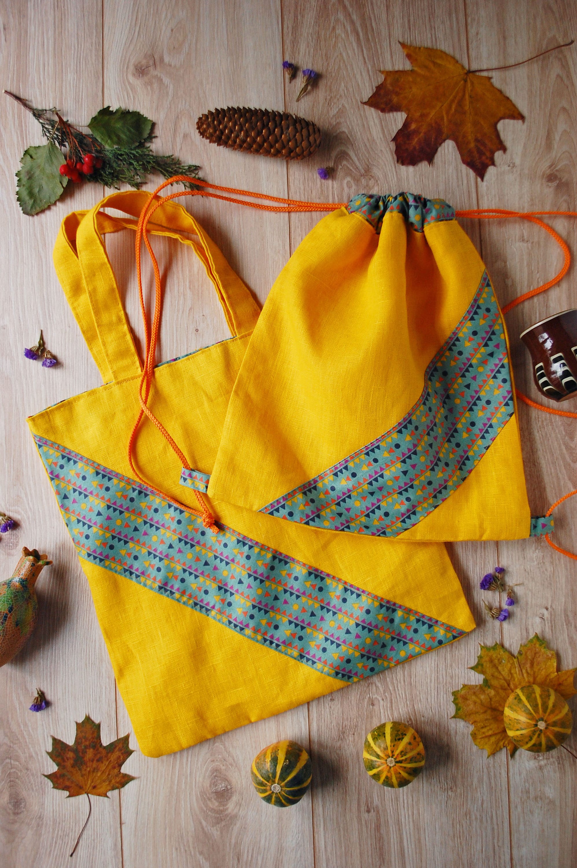 Yellow Linen Matching Bags Set: Drawstring Backpack and Tote - Etsy
