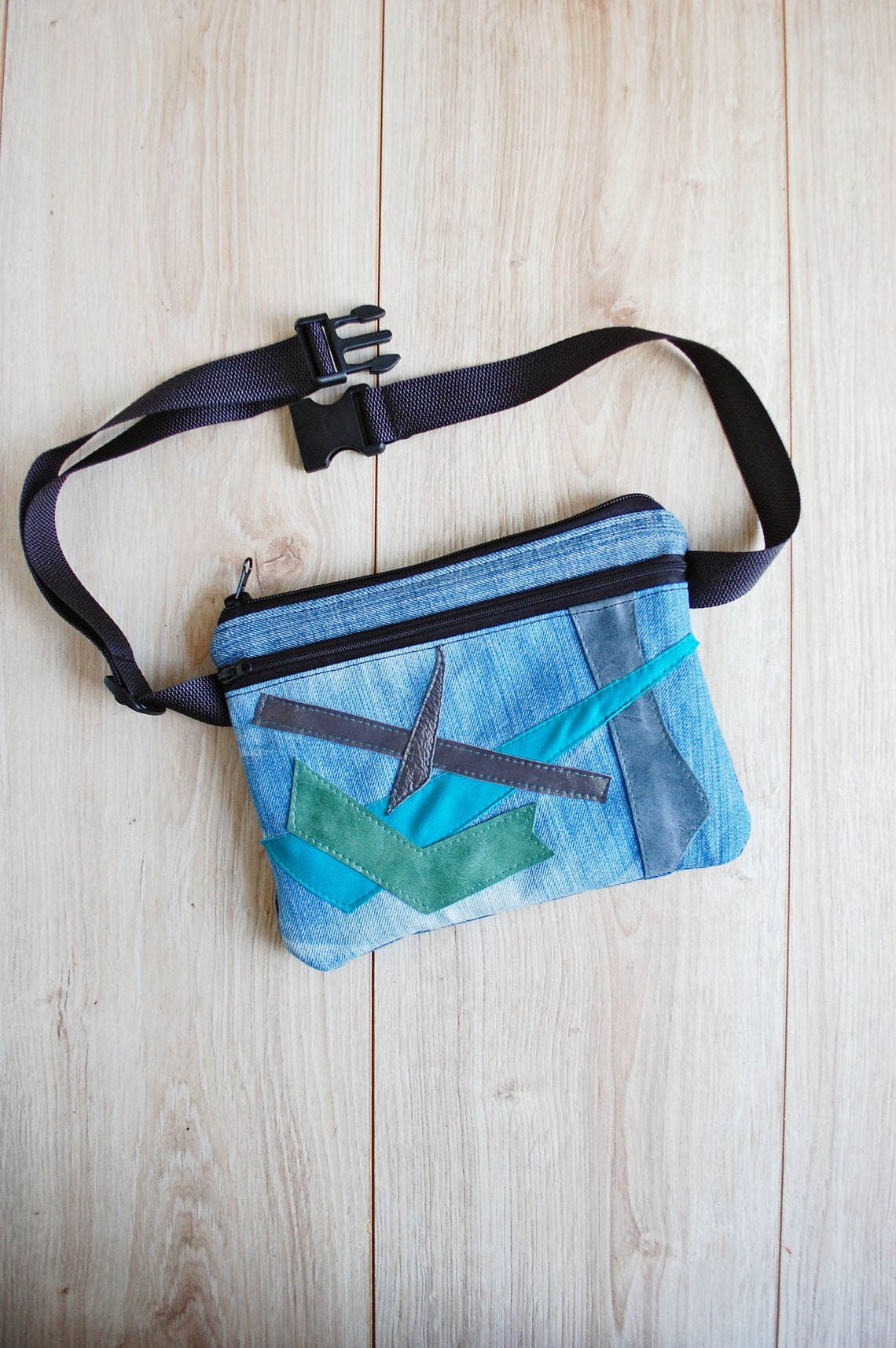 Blue Space Style Fanny Pack With Leather Decor Denim Waist | Etsy