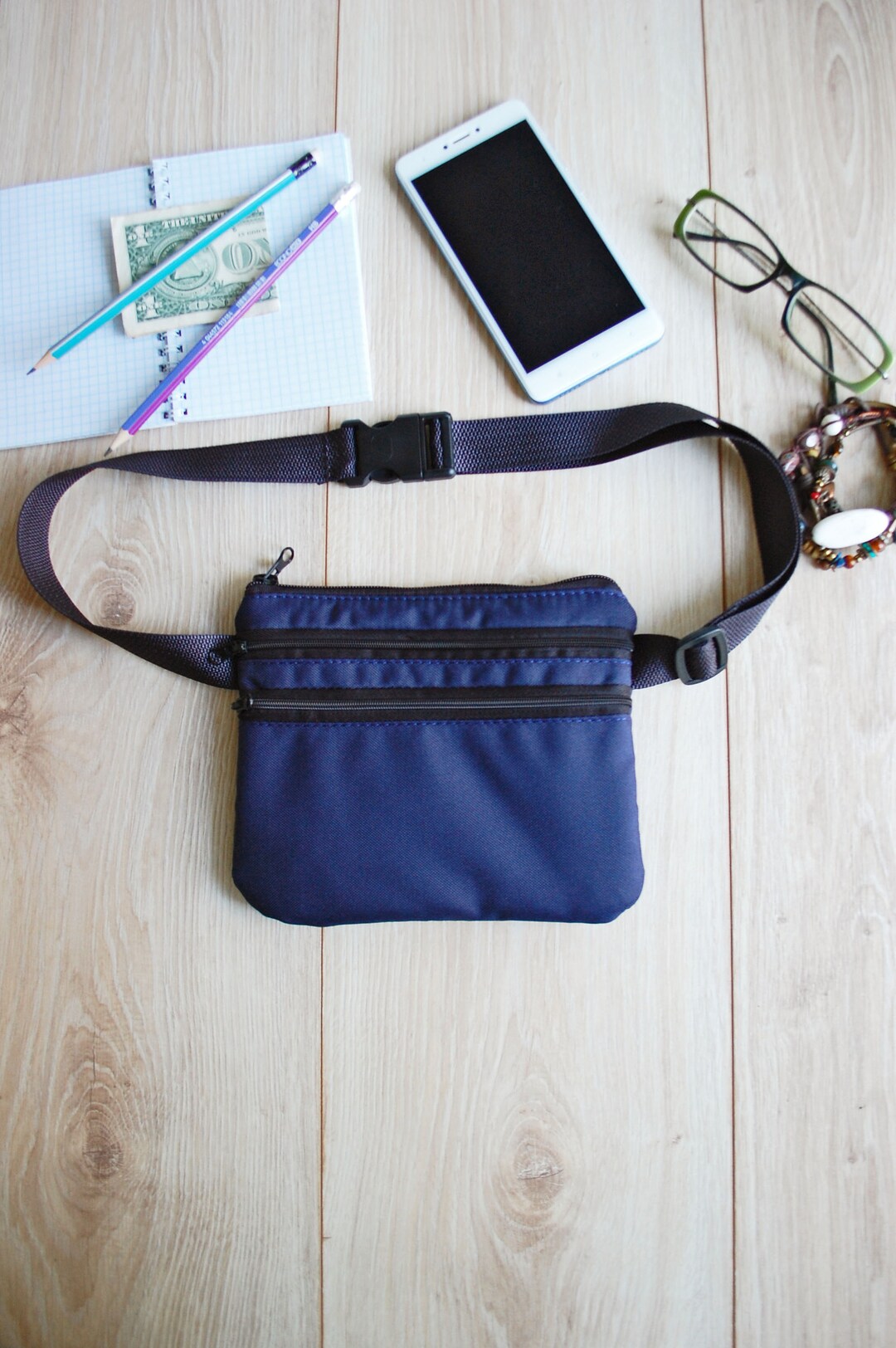 Dark Blue Fanny Pack for Women and Men, Flat Small Waist Bag, Belt ...