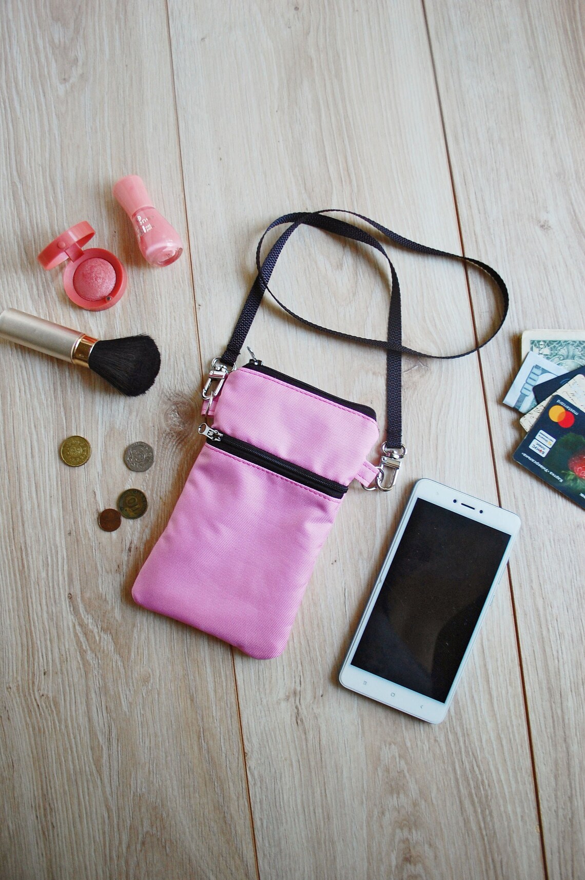 Small Pink Neck Bag Pouch for Cell Phone, Mini Travel Neck Purse Wallet ...