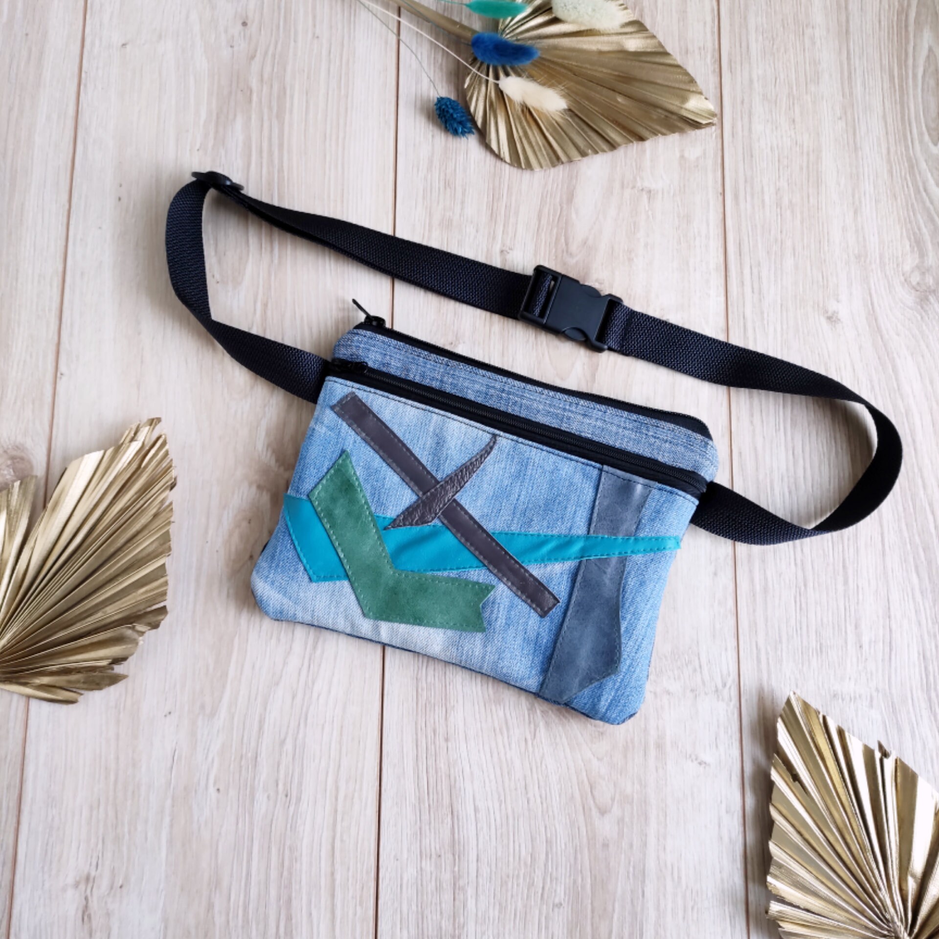 Blue Space Style Fanny Pack With Leather Decor Denim Waist | Etsy