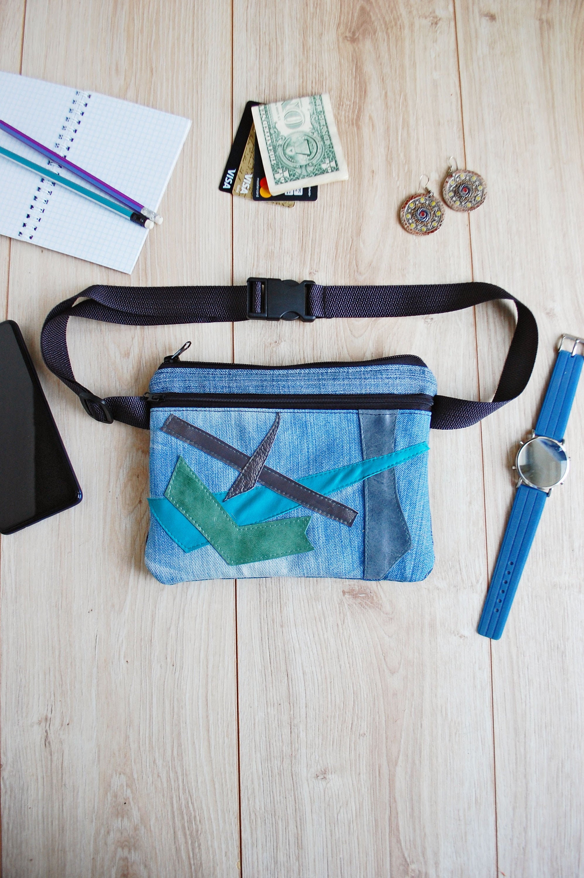 Blue Space Style Fanny Pack With Leather Decor Denim Waist | Etsy