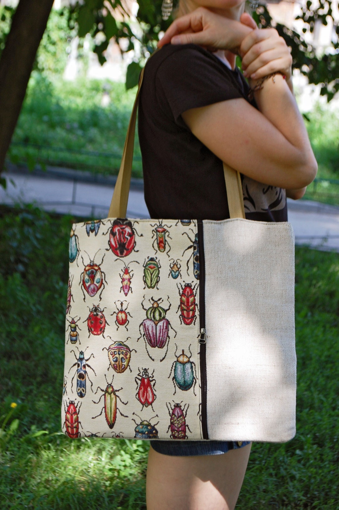 Burlap Shopping Tote Bag With Beetles, Linen Shopper Shoulder Pouch - Etsy