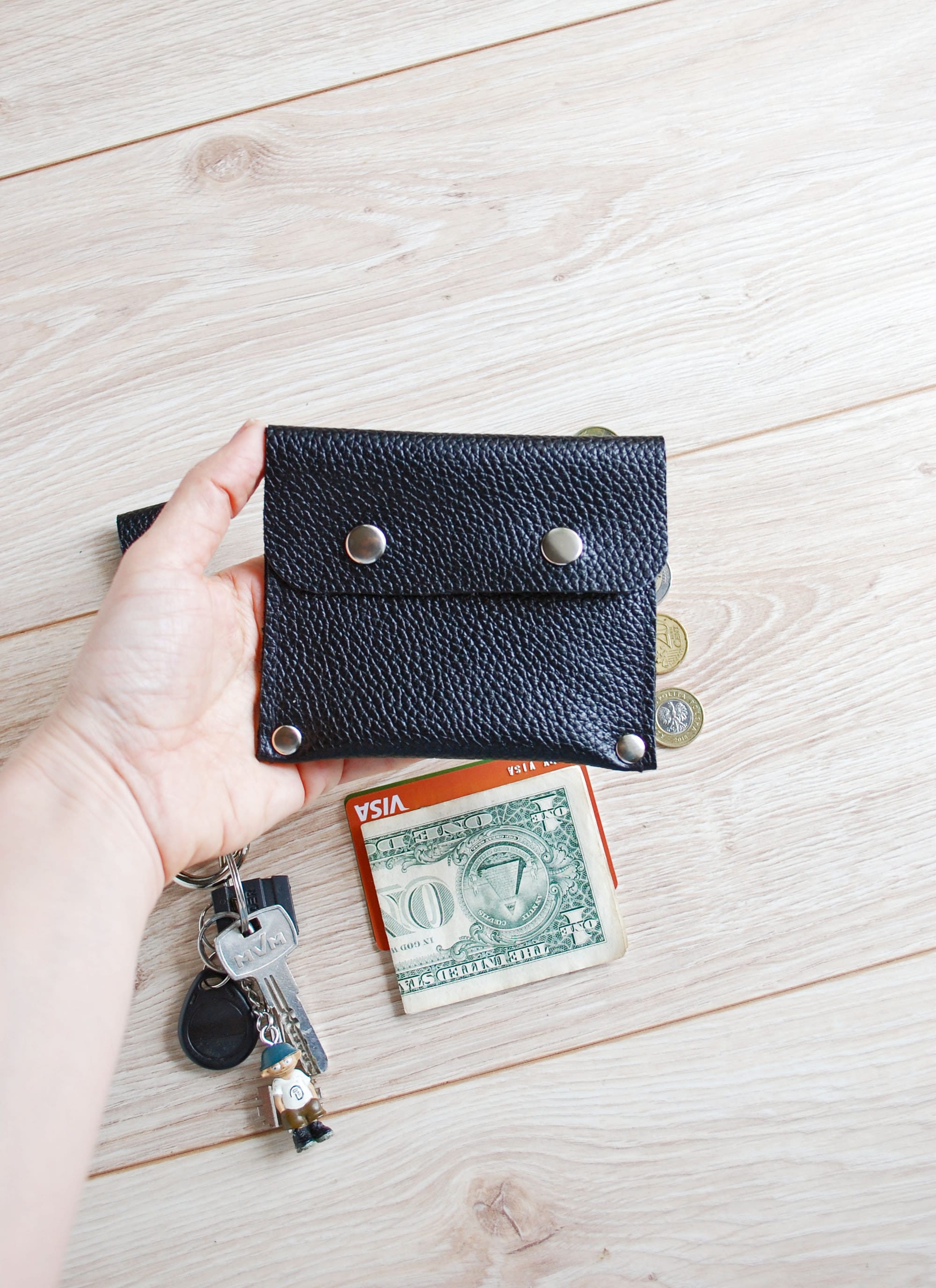 Black Leather Set of Coin Purse Card Holder and Keychain Key | Etsy
