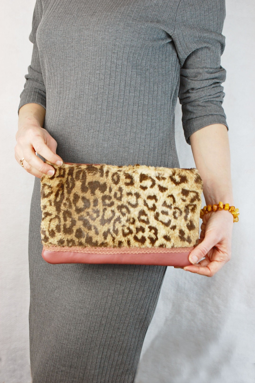 Leopard Clutch With Dusty Pink Decor Laces, Animal Print Evening Purse ...