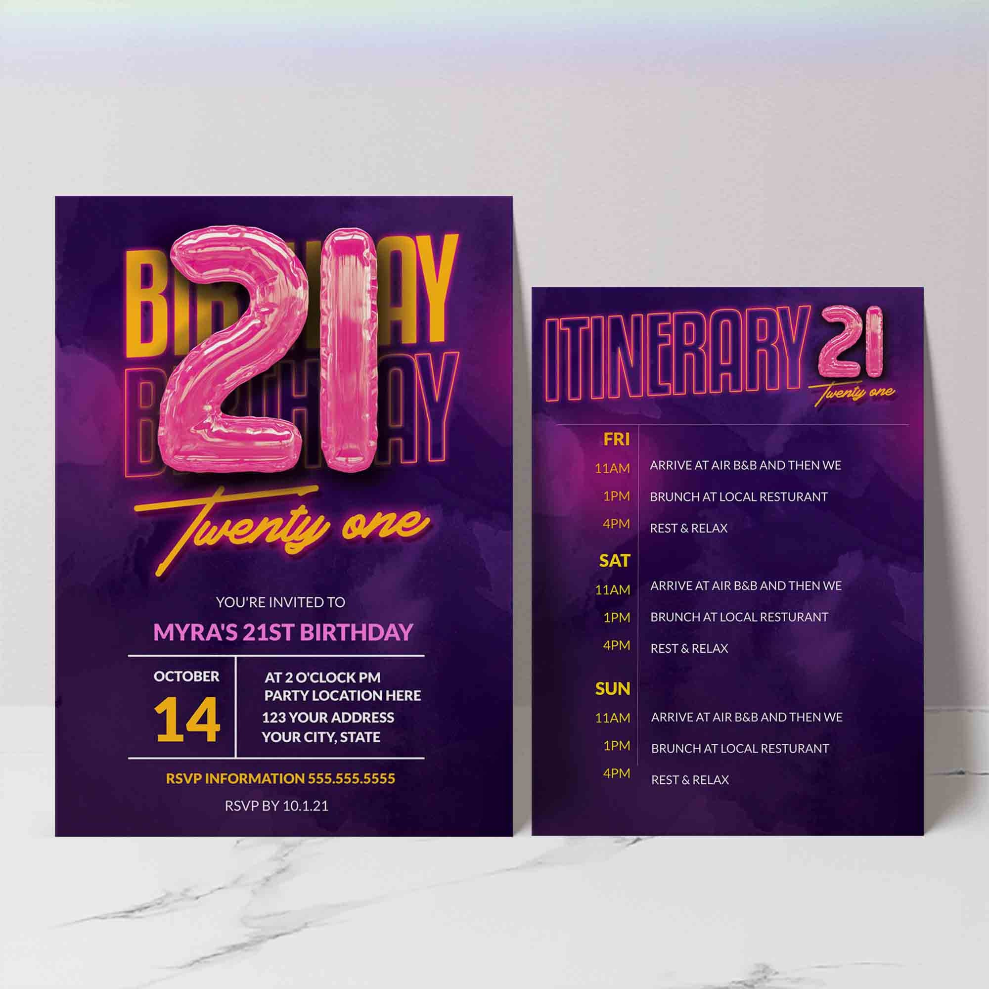 21st Birthday Invitation, 21st Birthday Itinerary Template, 21 for Her ...