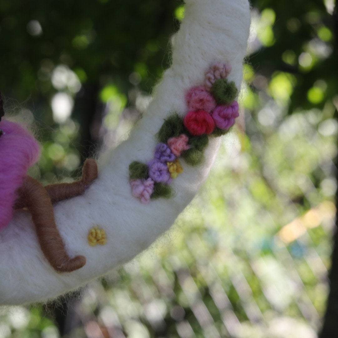 Needle Felted Moon Mobile| Girl Reading on a Felt Moon| Fairytale ...