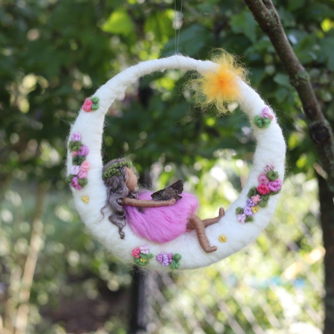 Needle Felted Moon Mobile| Girl Reading on a Felt Moon| Fairytale ...