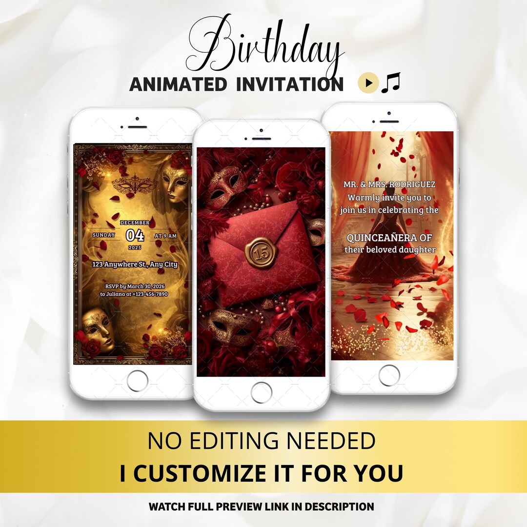 Red and Gold Animated Masquerade Ball Video Invitation, Quinceanera ...