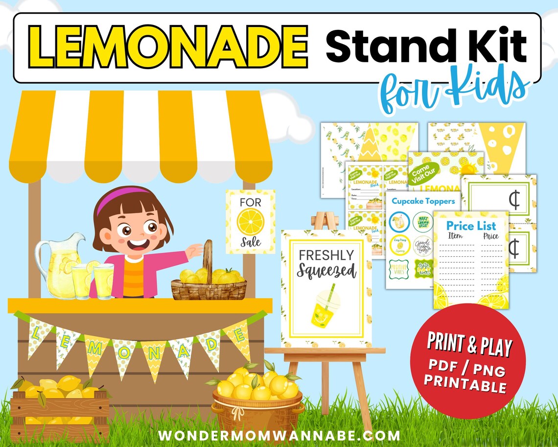 Printable Lemonade Stand Kit: Pretend Play Set, Signs, Invitations (PDF ...